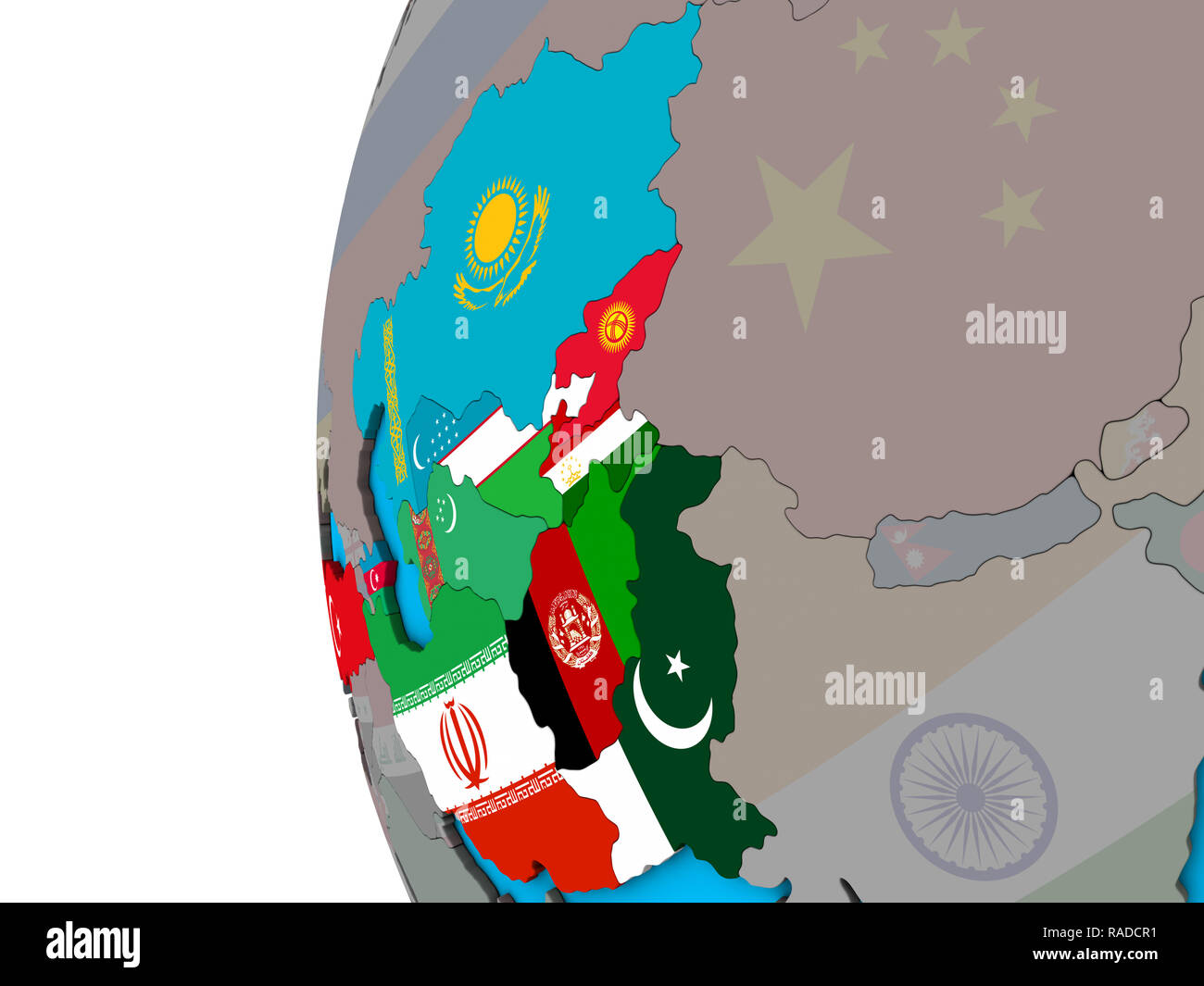 ECO member states with national flags on blue political 3D globe. 3D ...