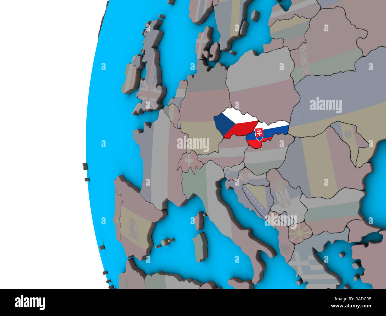 Former Czechoslovakia with national flags on blue political 3D globe ...