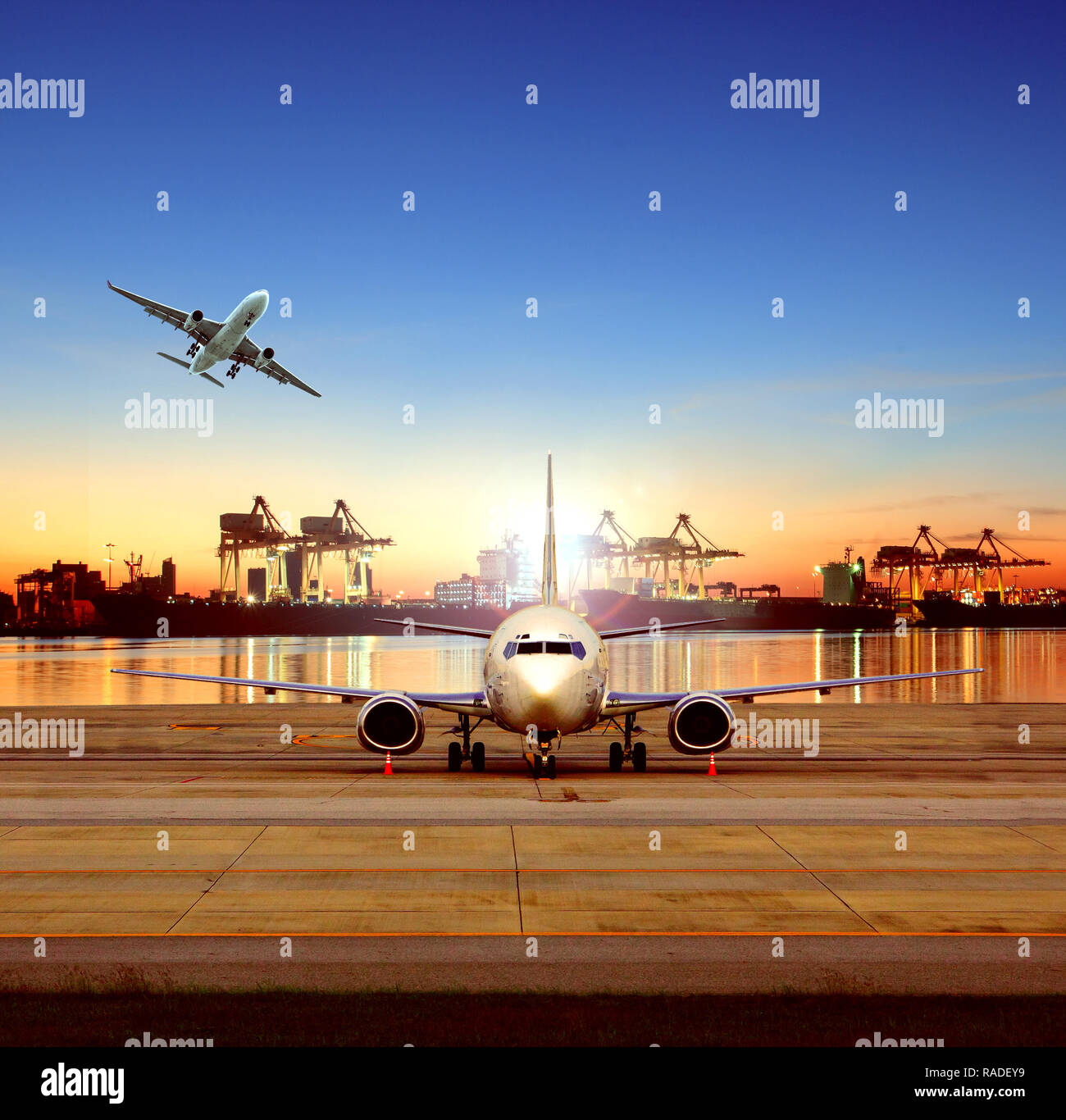 cargo plane in airport and shipping boat on shipyard background for ...