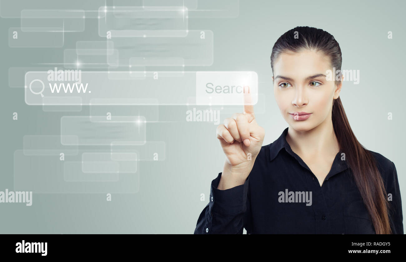 Student girl with empty address bar in virtual web browser, education ...