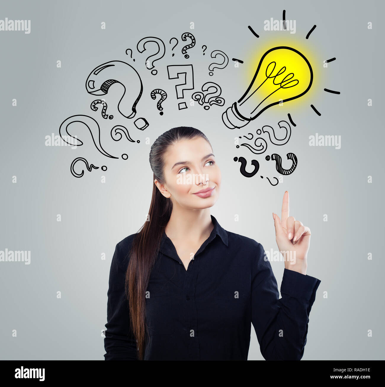 Girl ideas. Smart woman student with yellow lightbulb. Brainstorm ...