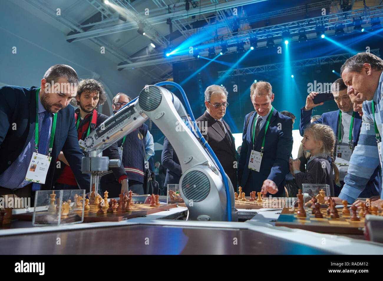 St. Petersburg, Russia - December 27, 2018: Robot playing chess with ...