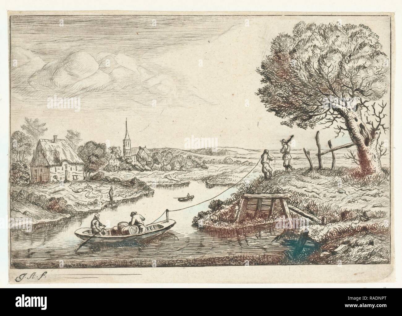 River landscape with barge, Jan van Almeloveen, 1662 - 168. Reimagined ...
