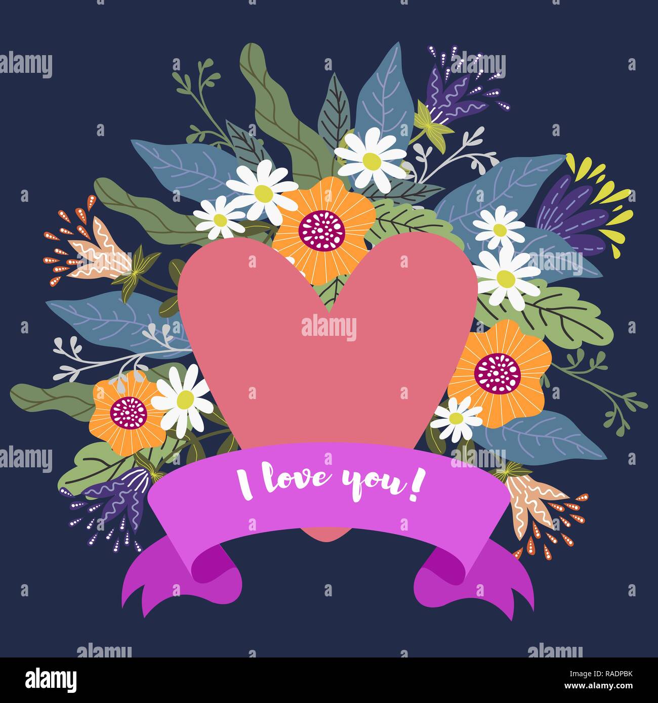 I love you, Floral hand draw design concept, Bouquet of Flowers, heart ...