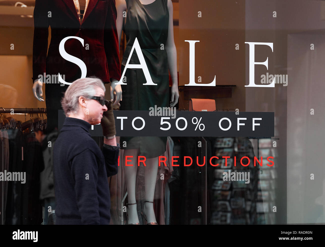 New year sales signs in shop windows at Cambridge, England Stock Photo ...