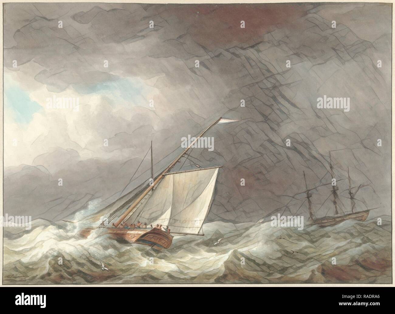 Two sailing ships in rough seas, Martinus Schouman, 180. Reimagined by ...