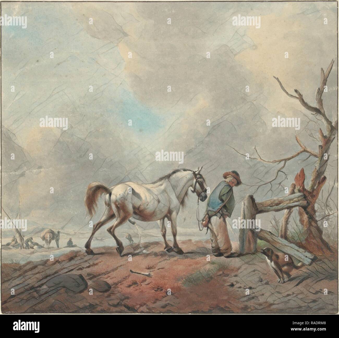 Landscape with a water-using man, horse and dog, Jan Augustini, Philips ...