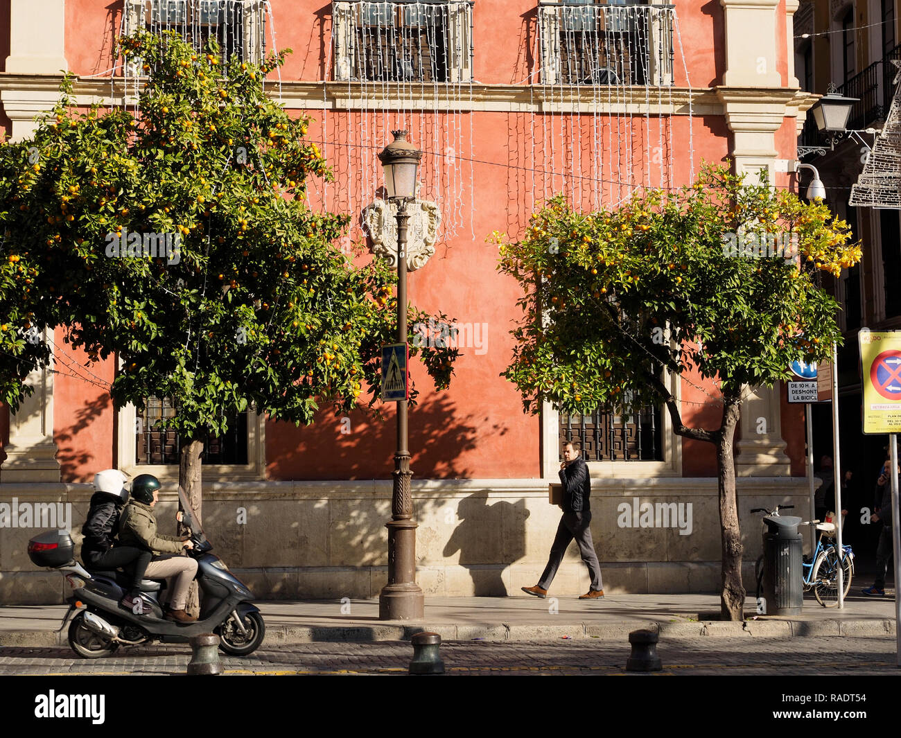 Seville, Andalusia, Spain, street scene with colourful building ...
