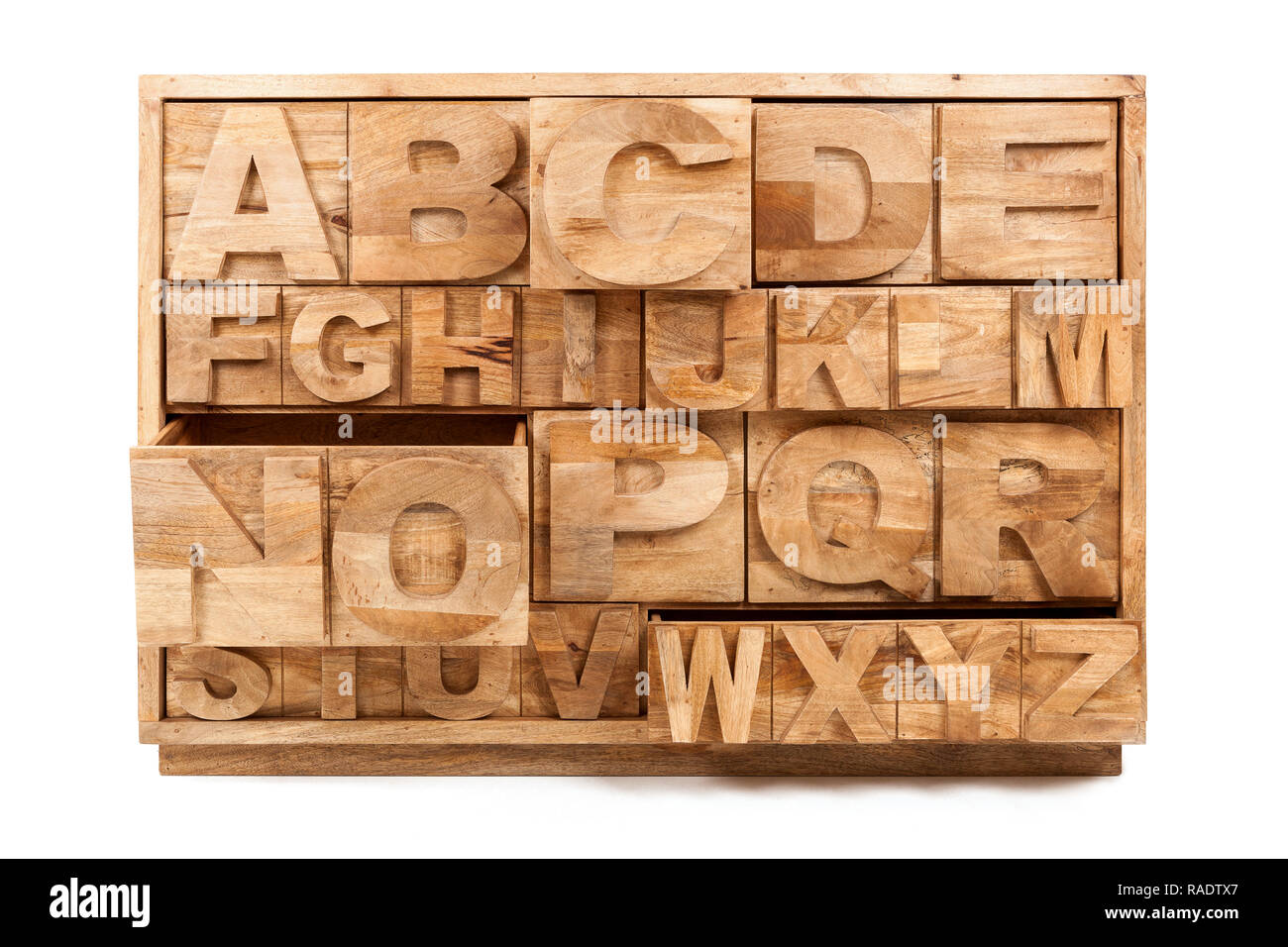 Wooden alphabet cabinet isolated on white background. Organizer and ...