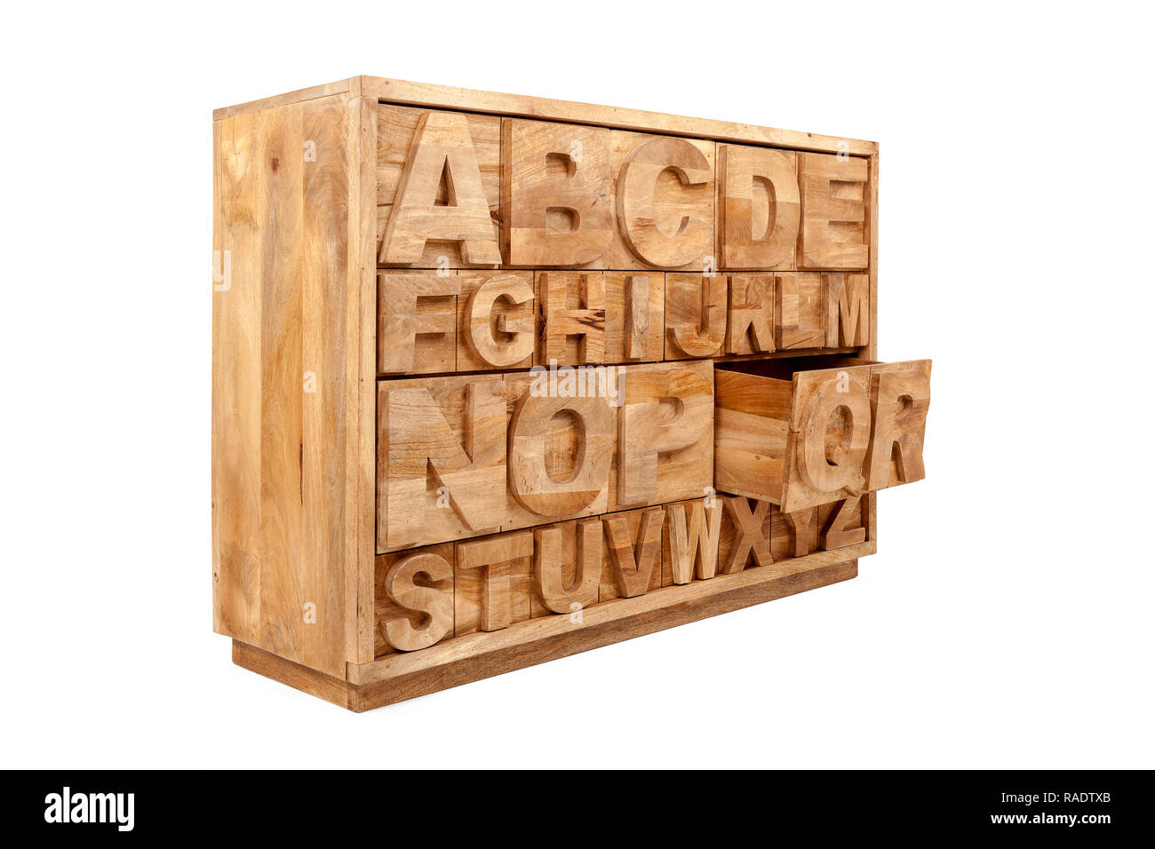 Side view on Wooden alphabet cabinet isolated on white background Stock ...