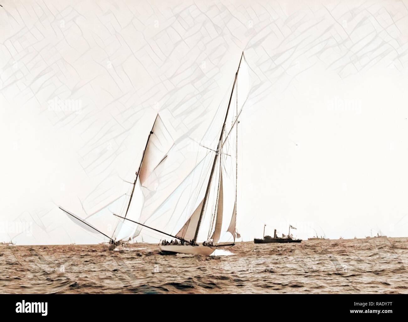 Columbia crossing the line, Shamrock I astern, Columbia (Sloop ...