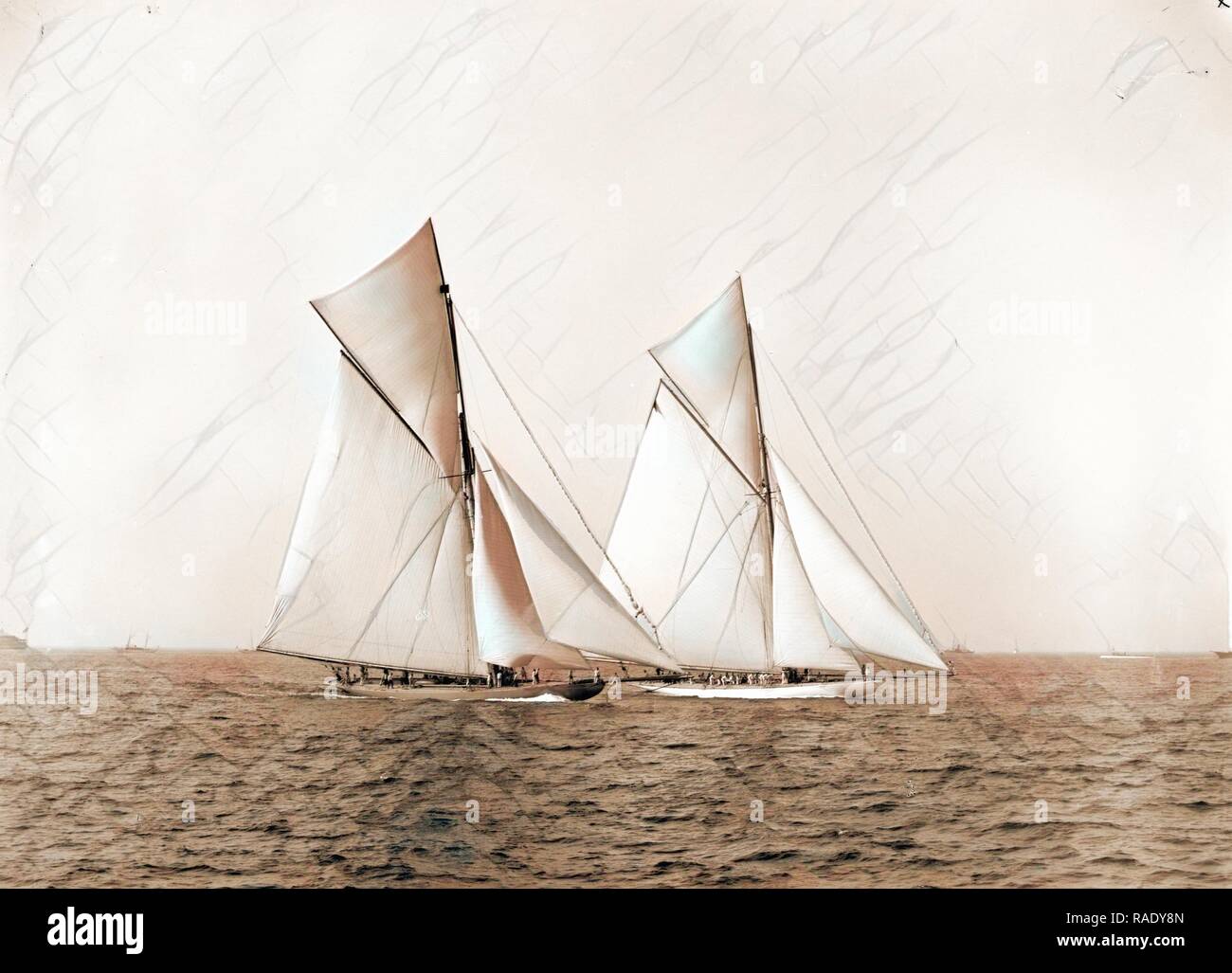 Shamrock and Columbia maneuvering for the start, Columbia (Sloop ...