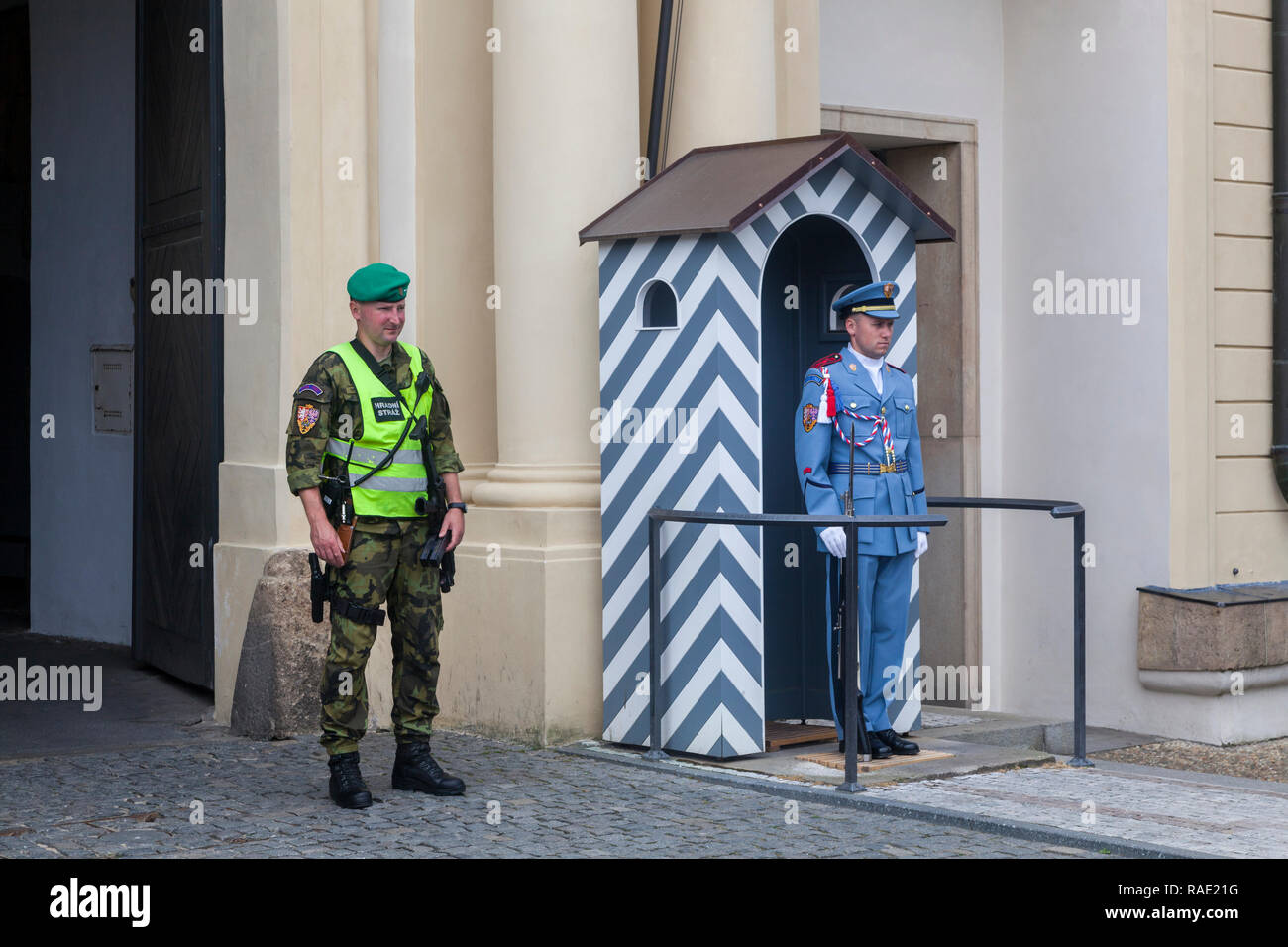 Prague, Czech Republic - July 16 2018: A traditional czech guard and a ...