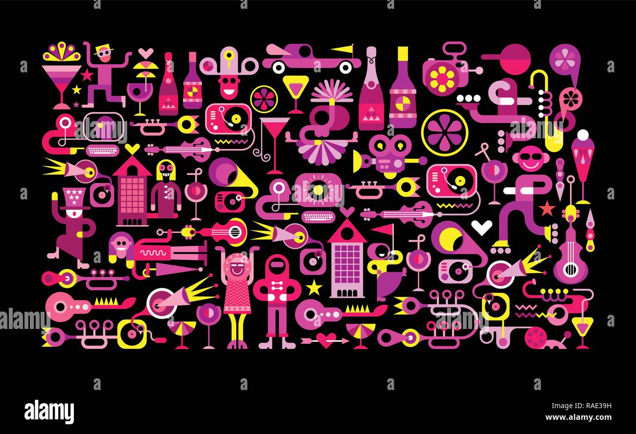 Festive city vector illustration, isolated on a black background ...