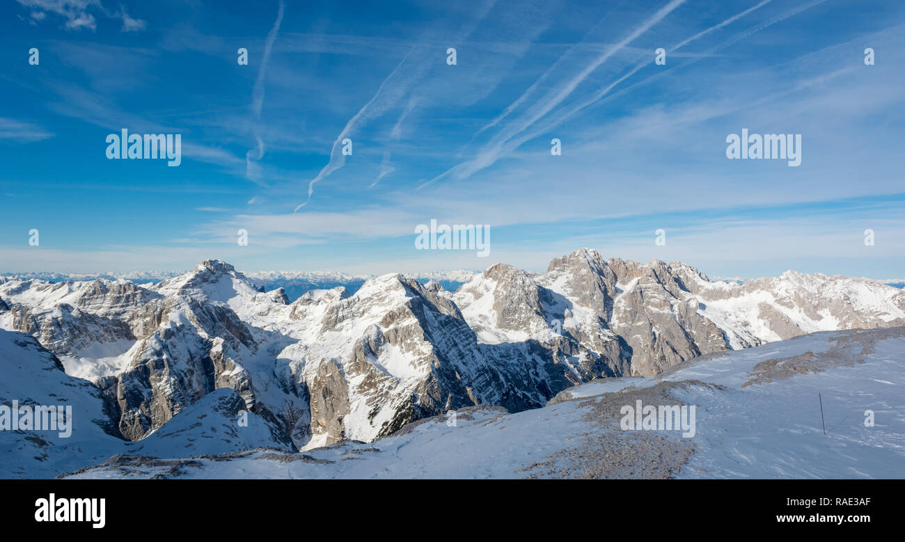 Spectacular winter mountain panorama with peaks covered with early snow ...