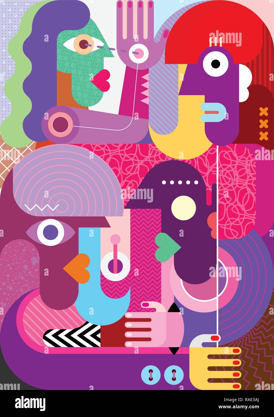 Modern abstract graphic artwork of four persons. Group of people vector ...