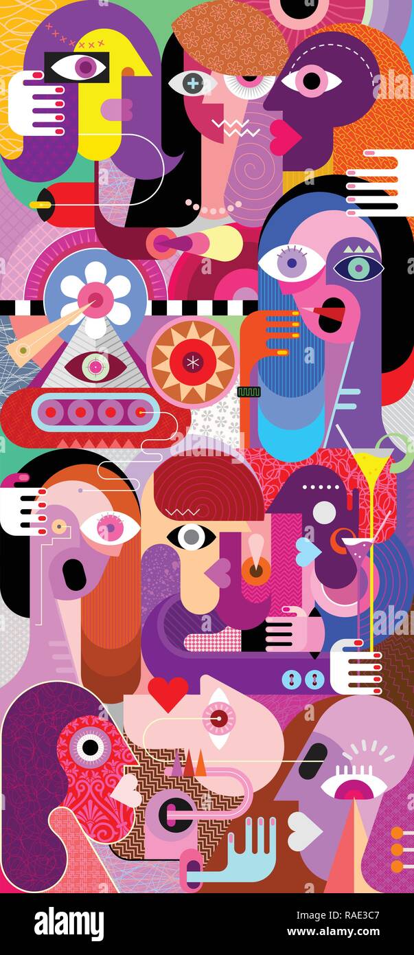 Large group of people abstract art vector illustration. Mixed vertical ...