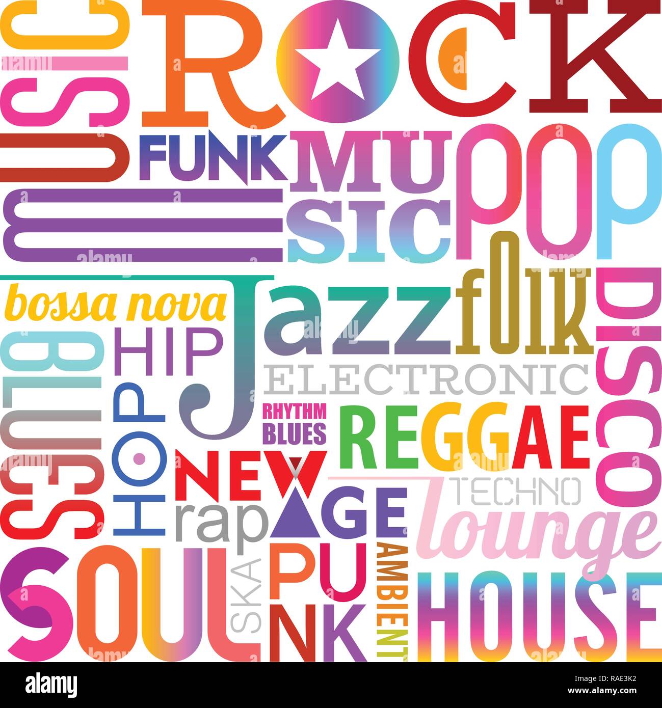 Colorful text design isolated on a white background Music styles vector ...