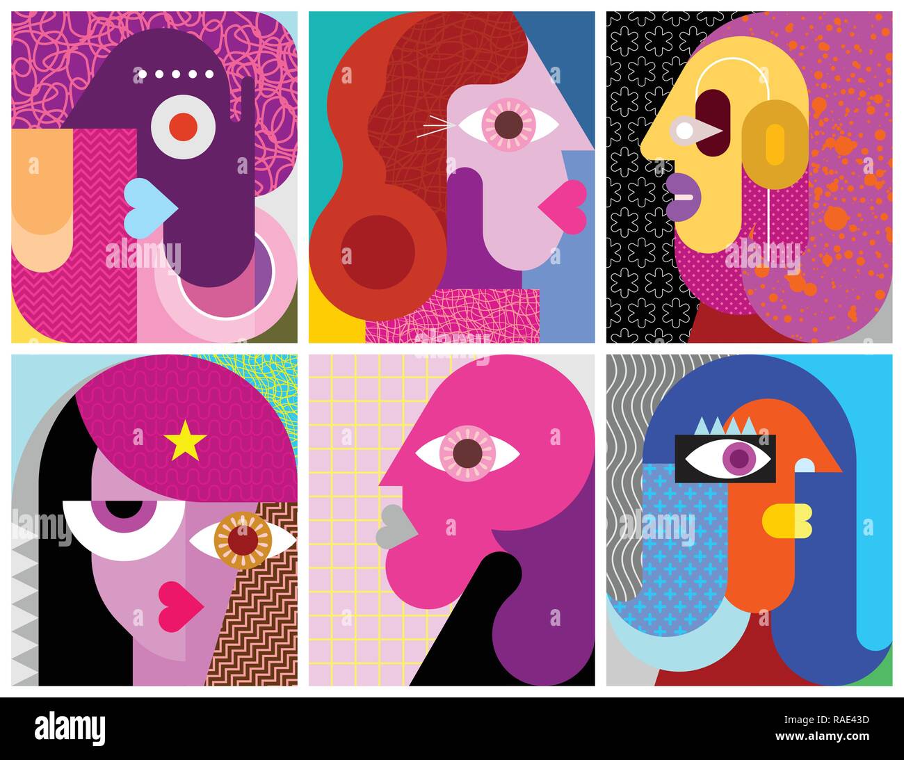 Six Portraits modern art vector illustration. Composition of six ...
