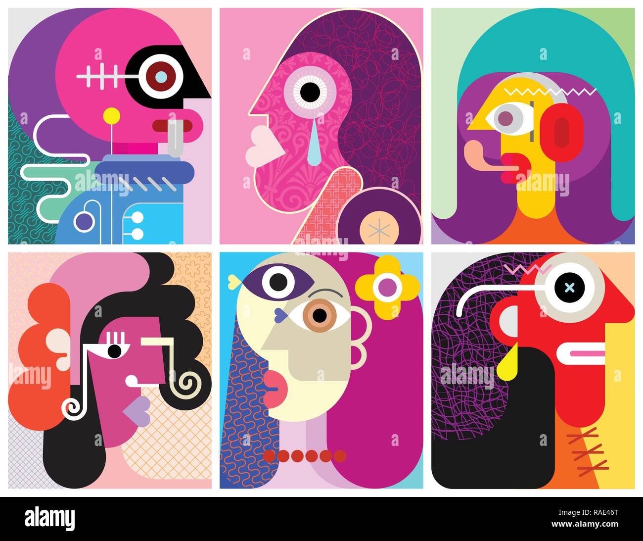 Six Faces, Six Persons modern art vector illustration. Composition of ...