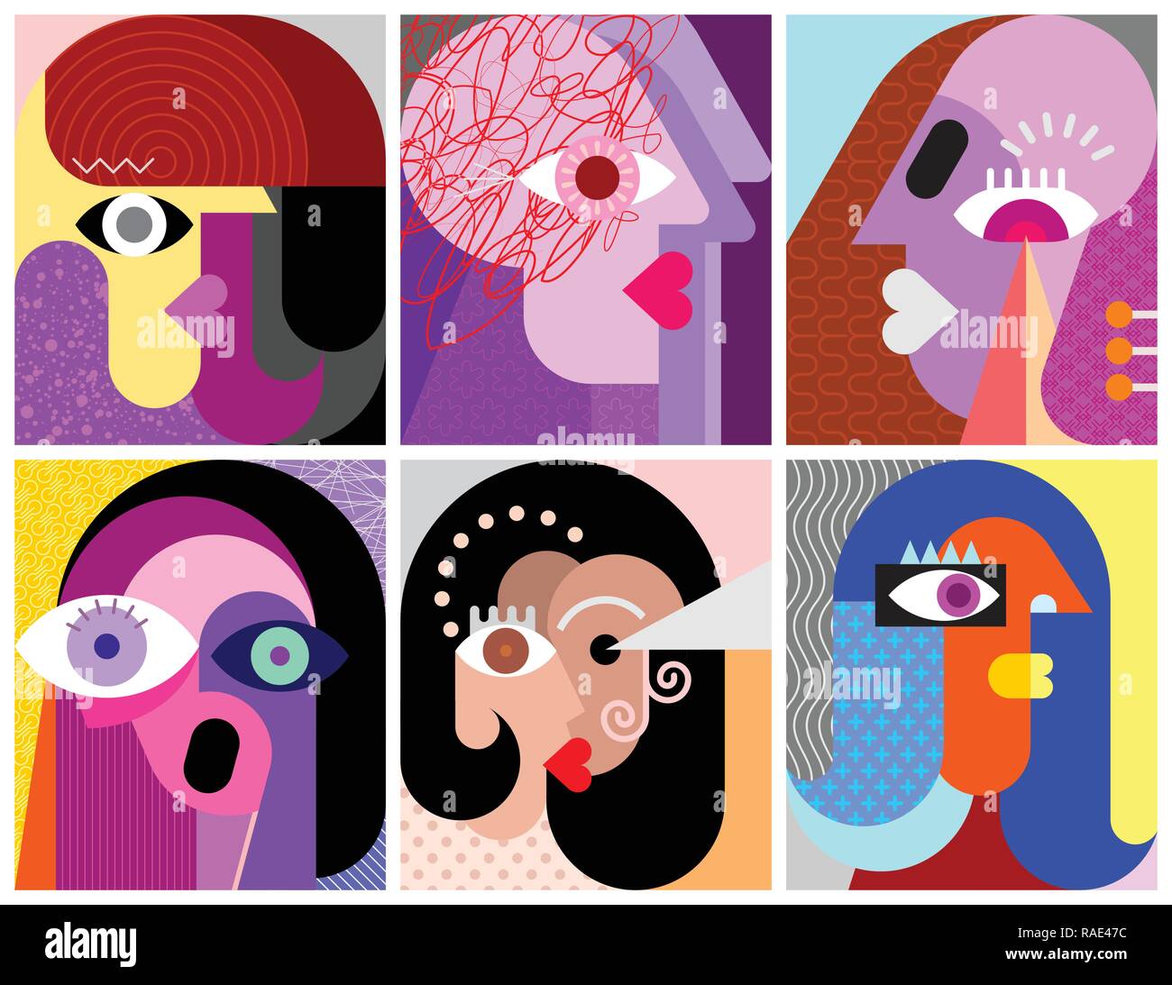 Six Faces, Facial Expressions modern art vector illustration ...