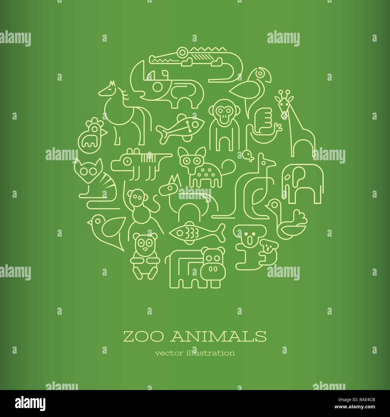 White outline icons isolated on a green background Zoo Animals round ...