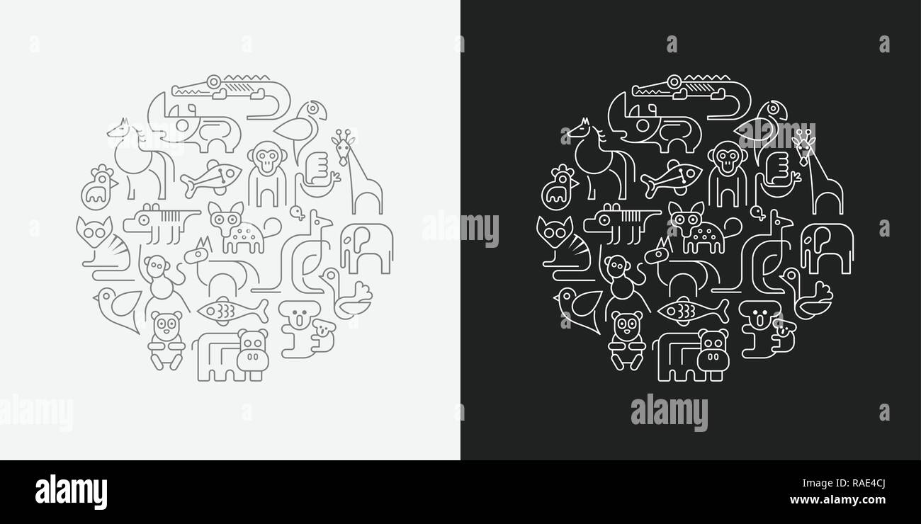 Two options of Zoo animals round shape vector illustration. Dark grey ...