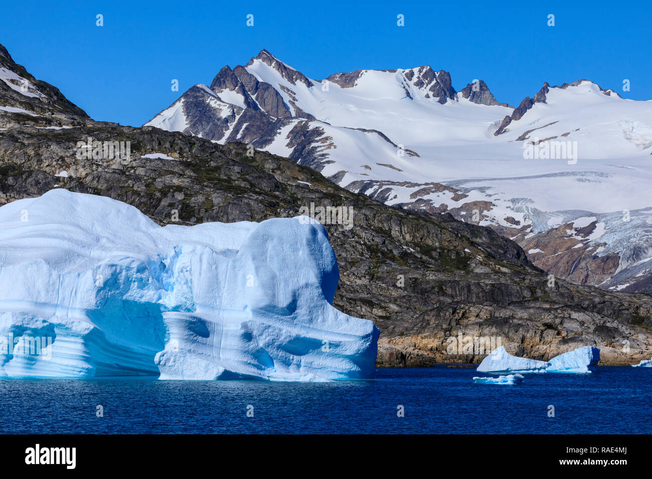 Icebergs, sculptured shapes, King Frederick VI coast at Skjoldungen ...
