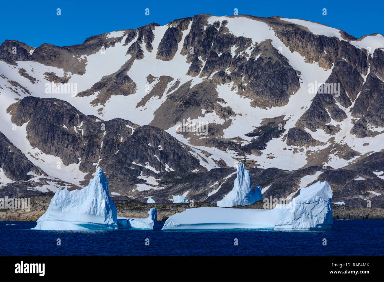 Icebergs, sculptured shapes, King Frederick VI coast at Skjoldungen ...