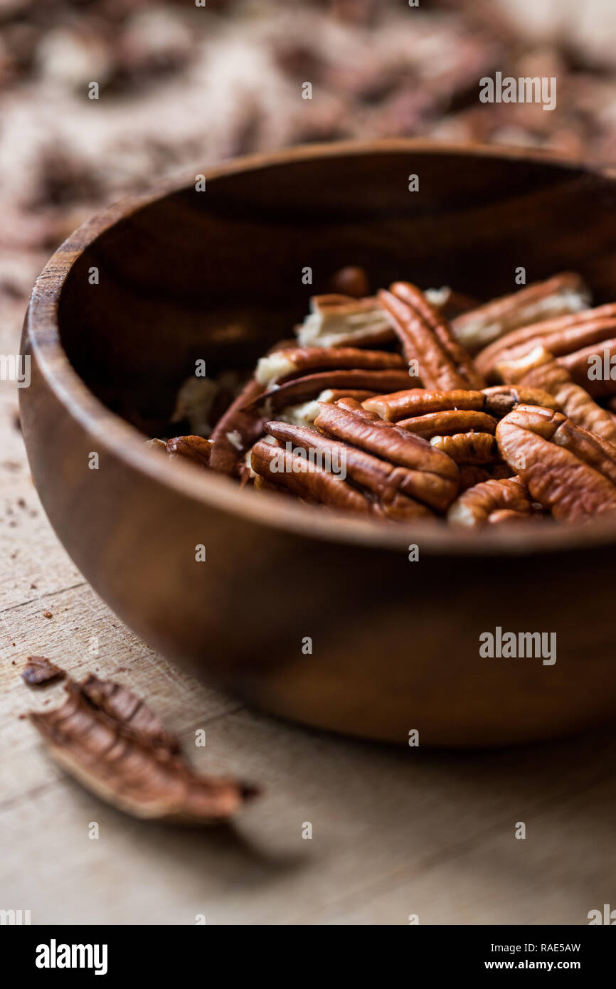 Peeled Pecan Nuts in Wooden Bowl without Shell / Walnuts. Organic Food ...