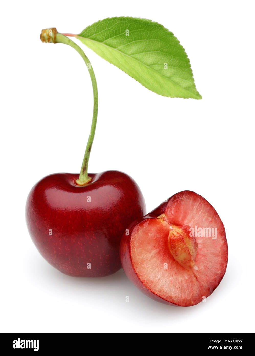 Ripe red cherry with juicy half cherry and leaf isolated on white ...