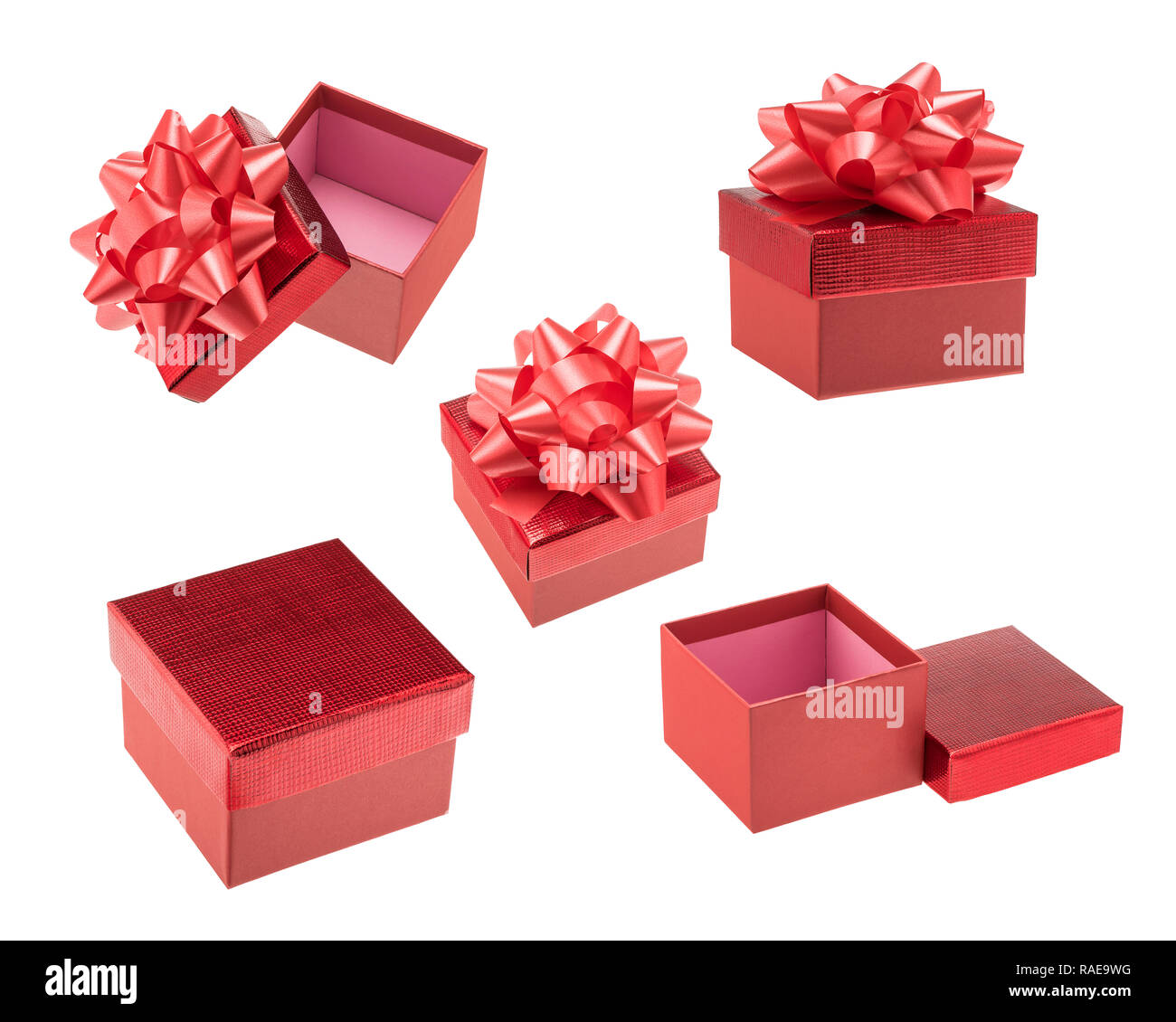 Bright red gift boxes set with bow isolated on white background Stock ...