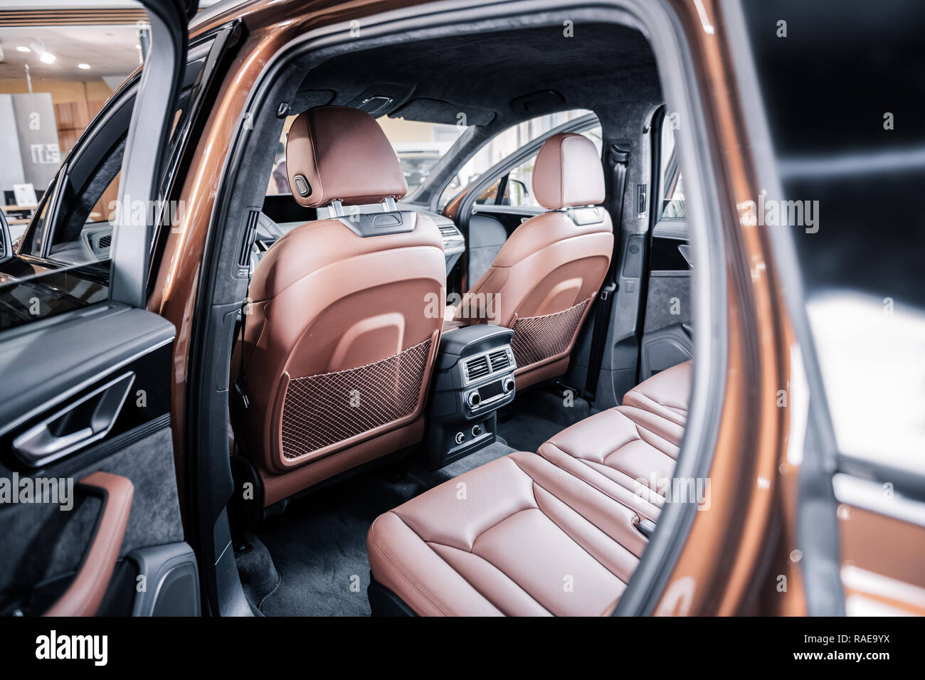 New hatchback car with brown leather interior with opened doors Stock ...