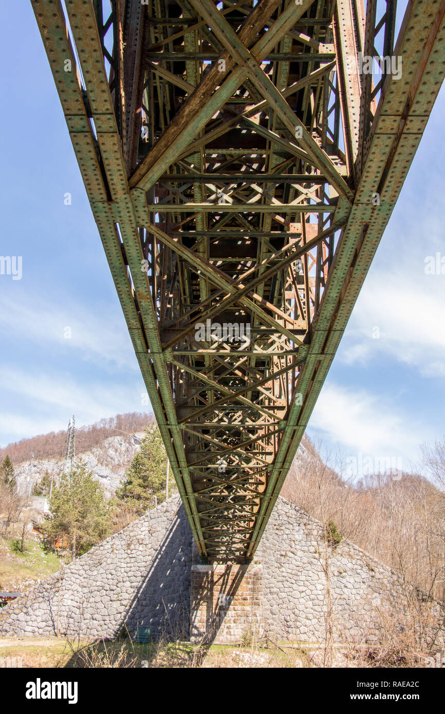 old rustic train bridge from below Stock Photo - Alamy