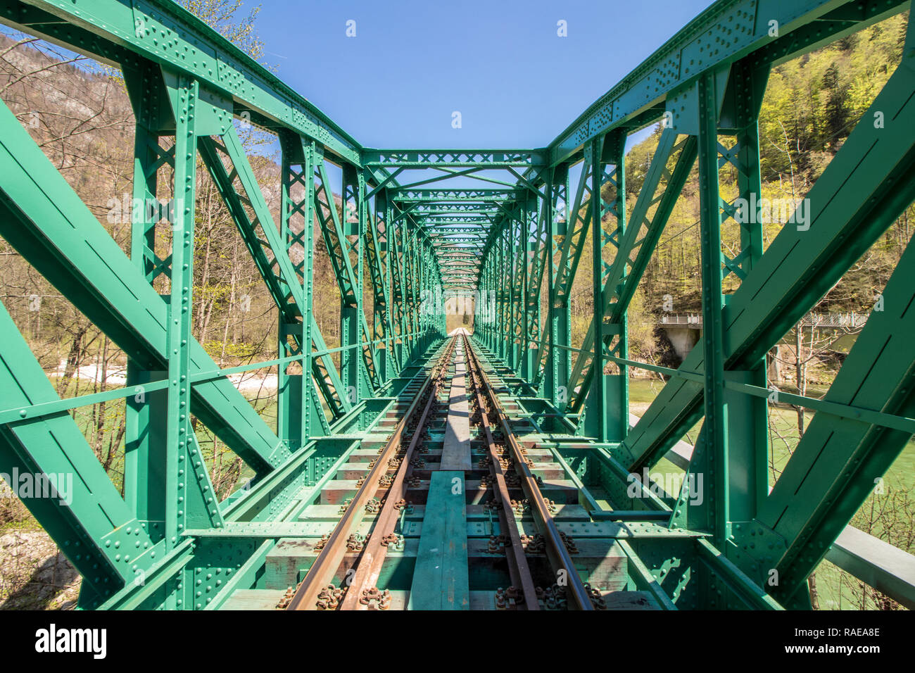 green color train bridge center Stock Photo - Alamy