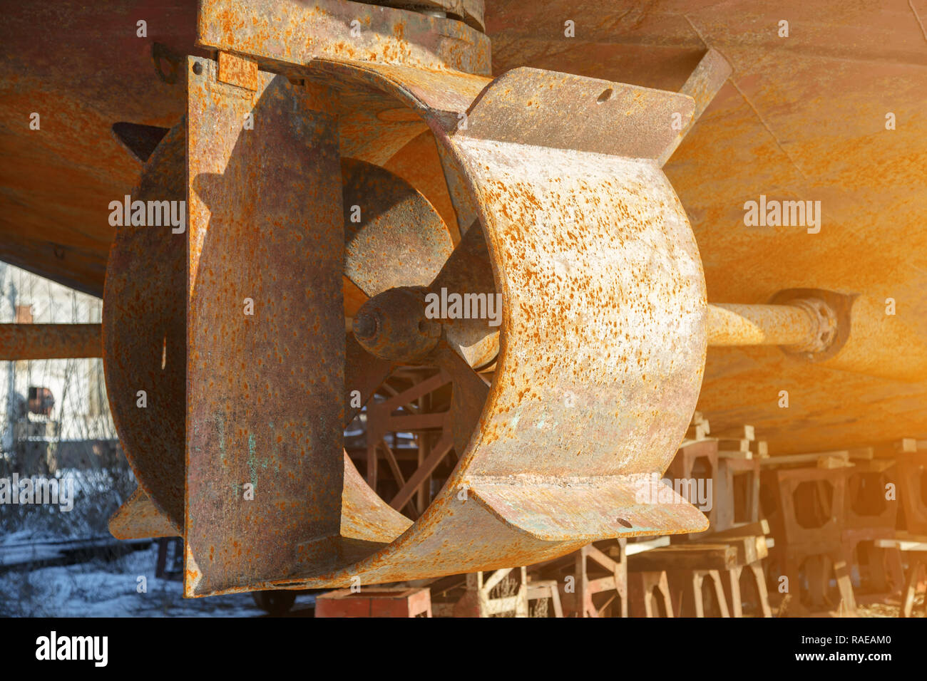 Rusty screw in the nozzle, the rudder and shaft of the ship, standing ...