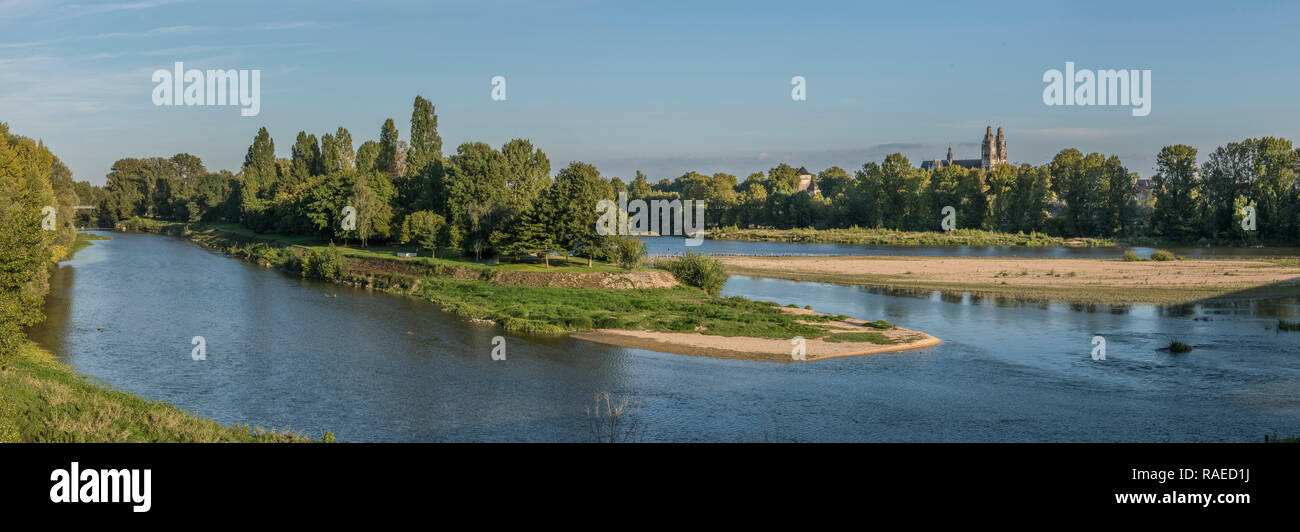 The Loire river in Tours: sandbanks and tower of the cathedral Stock ...
