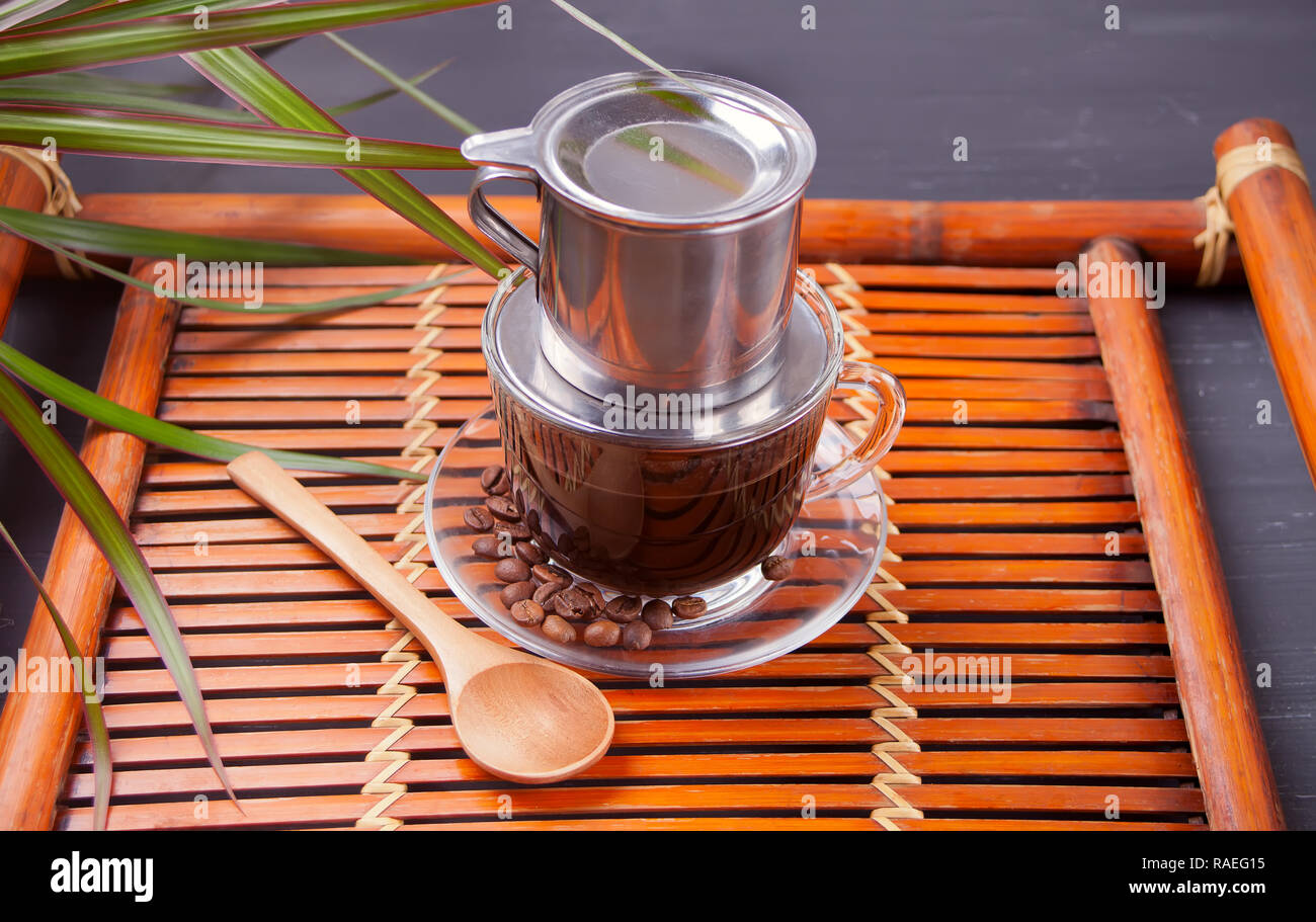 Traditional Vietnamese coffee on rustic background in oriental style ...