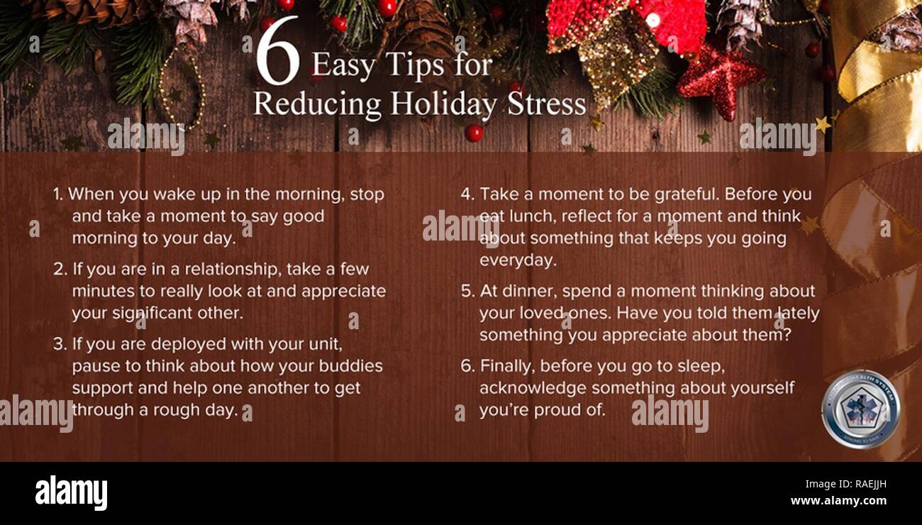 Six easy tips for reducing holiday stress graphic by health.mil Stock Photo - Alamy