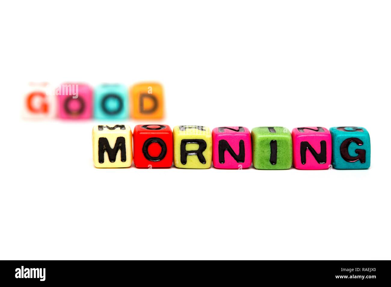 good morning - word made from multicolored child toy cubes with letters ...