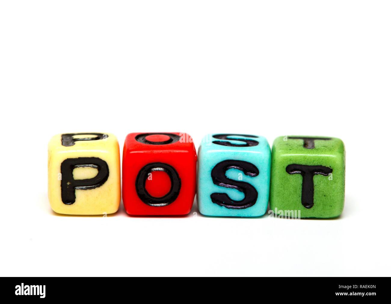 post - word made from multicolored child toy cubes with letters Stock ...
