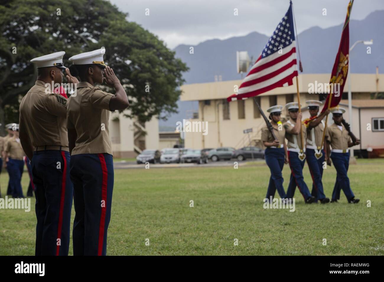 U.S. Marine Corps Lt. Col. Marshalee Clarke, right, commanding officer, Headquarters Battalion ...