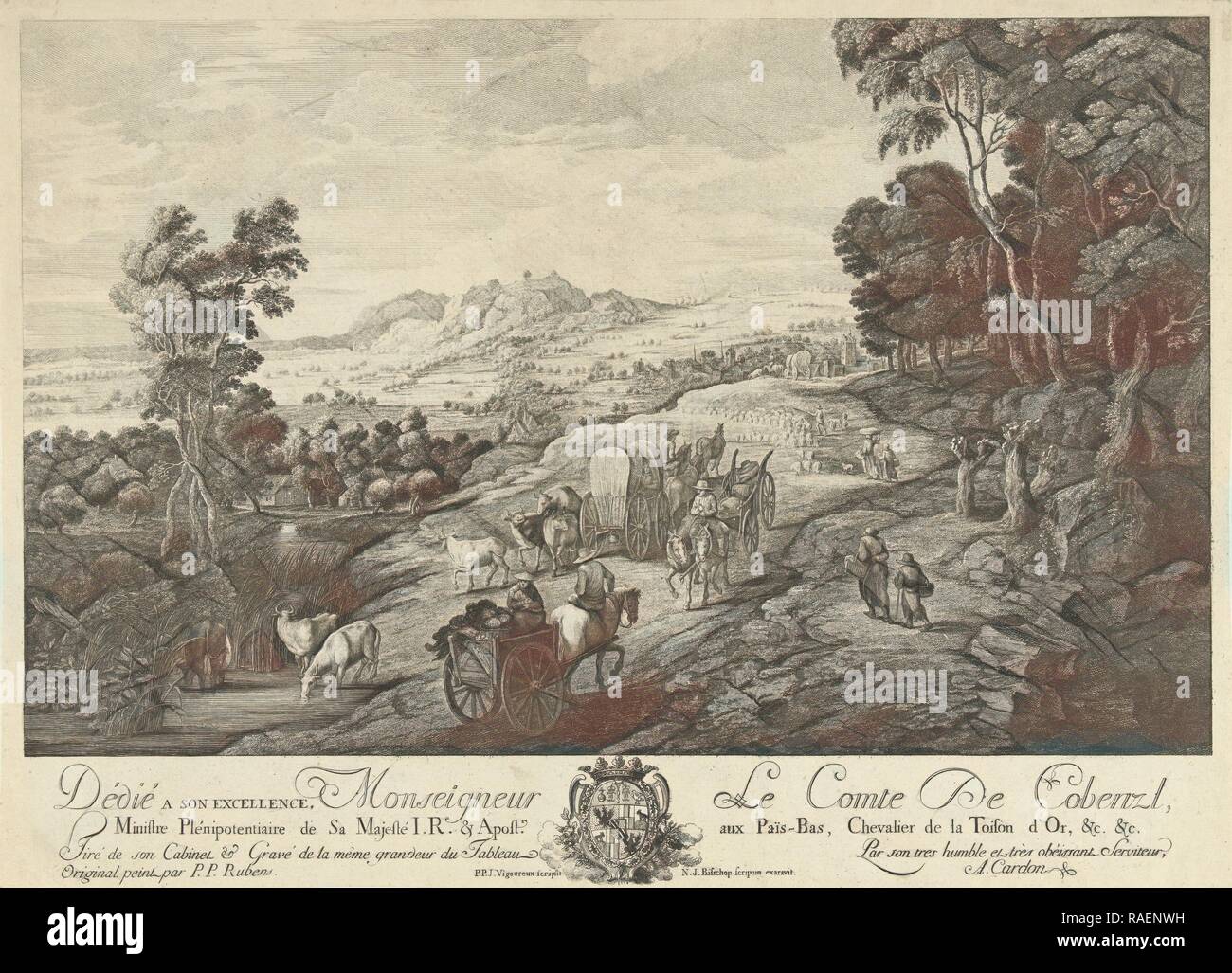 Landscape with busy country road, Antoine Alexandre Joseph Cardon, P.P ...