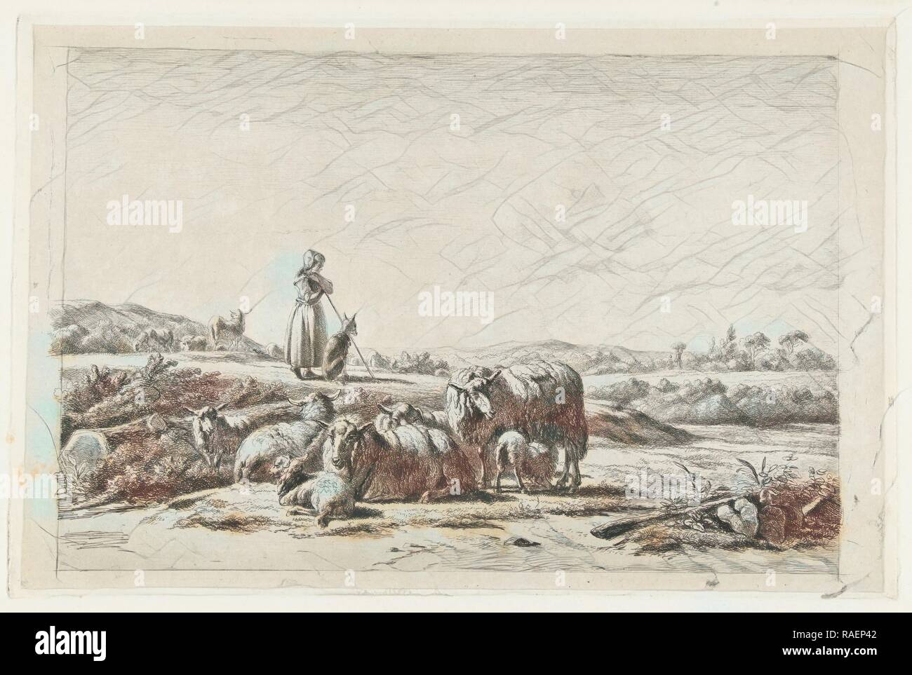 Landscape with shepherdess with flock of sheep and dog, Simon van den ...