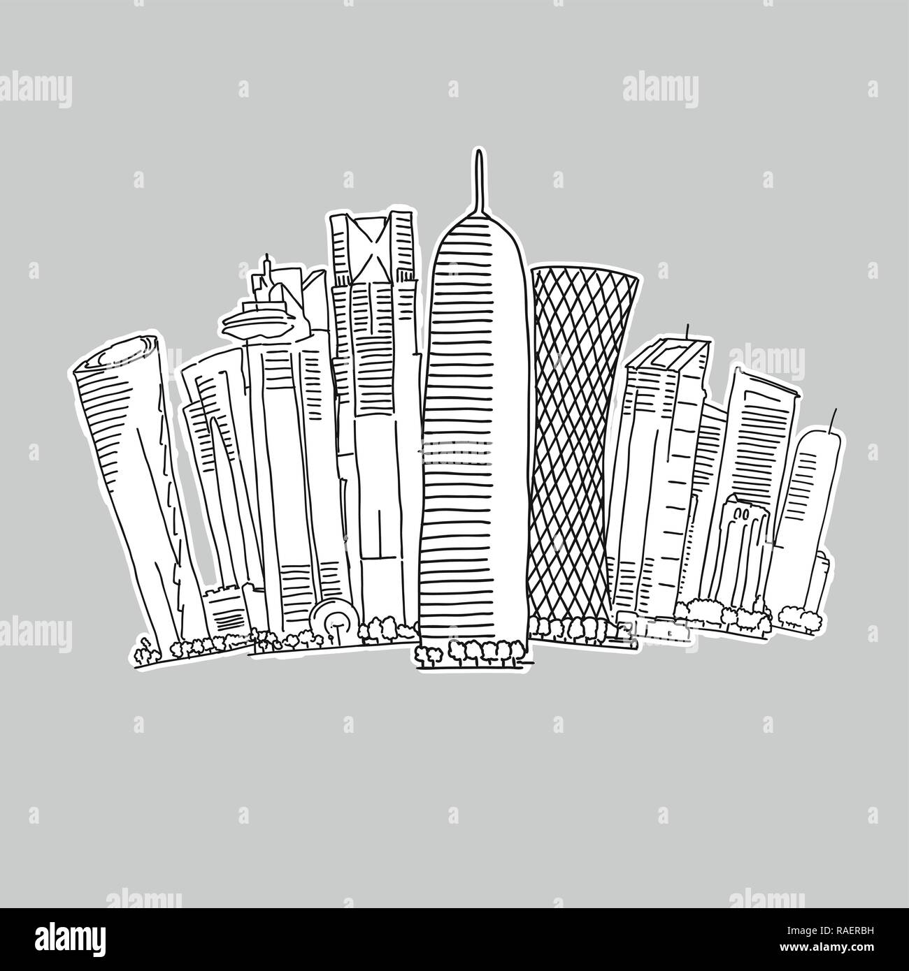 Doha Qatar skyline drawing. Hand-drawn vector illustration. Famous ...
