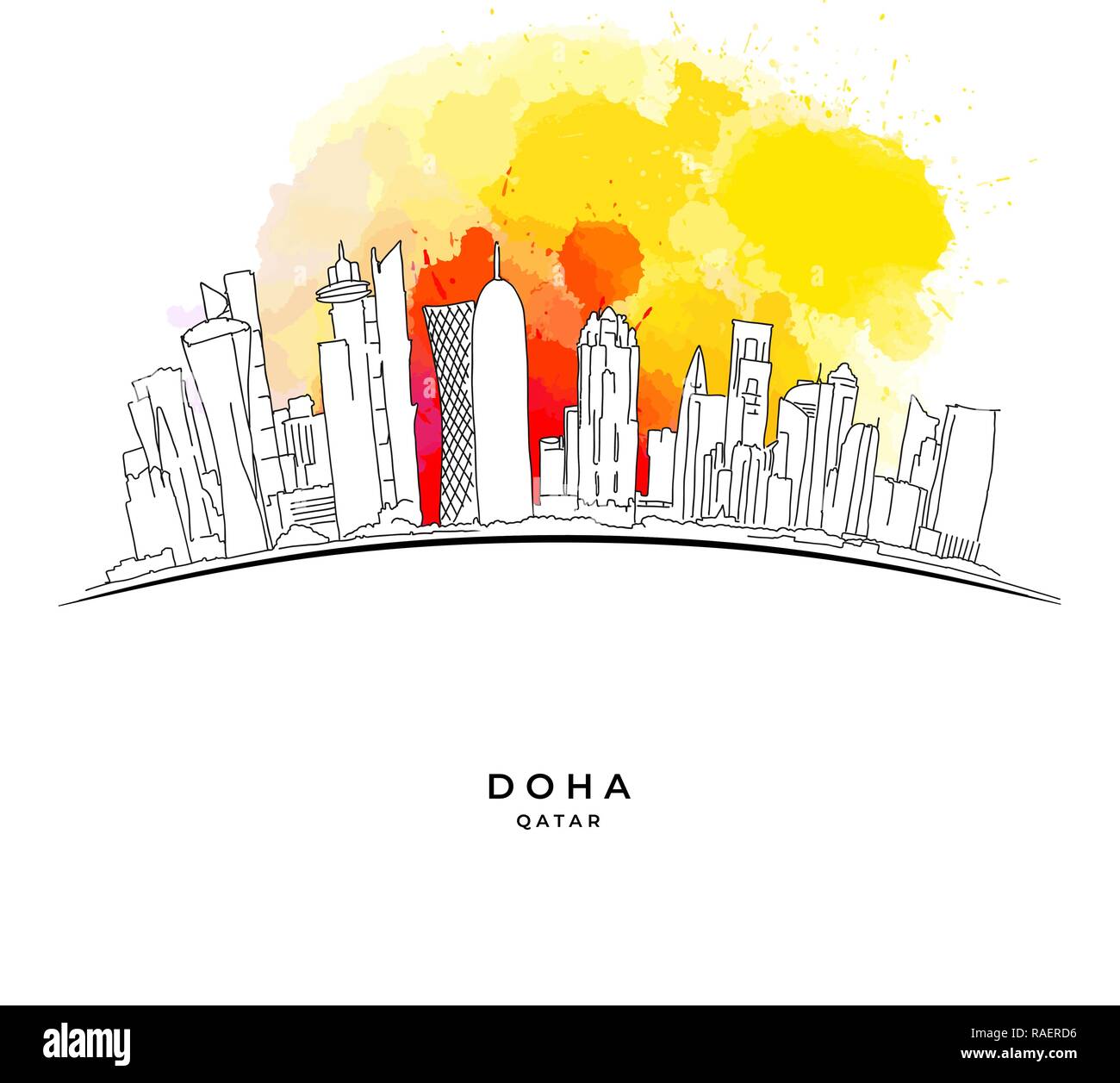 Doha Qatar skyline on colorful background. Hand-drawn vector ...