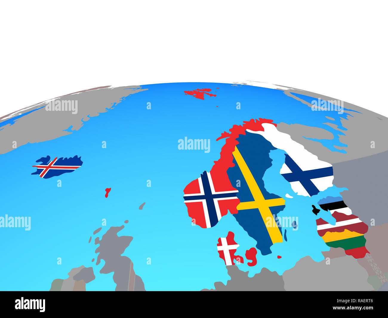 Northern Europe with national flags on political globe. 3D illustration ...