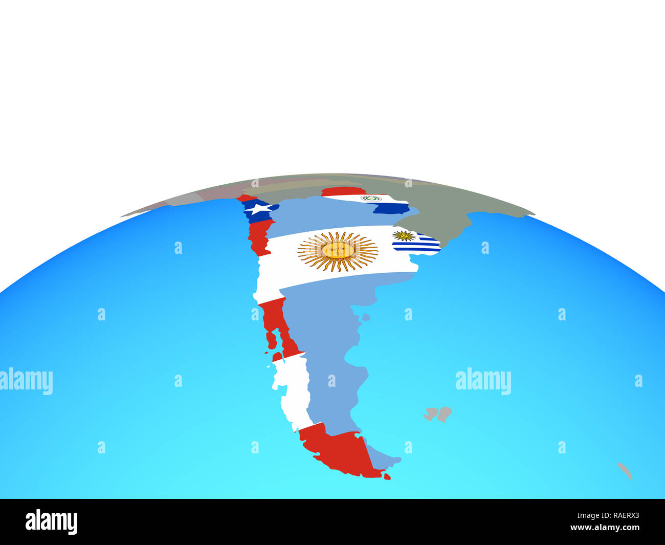 Southern Cone with national flags on political globe. 3D illustration ...