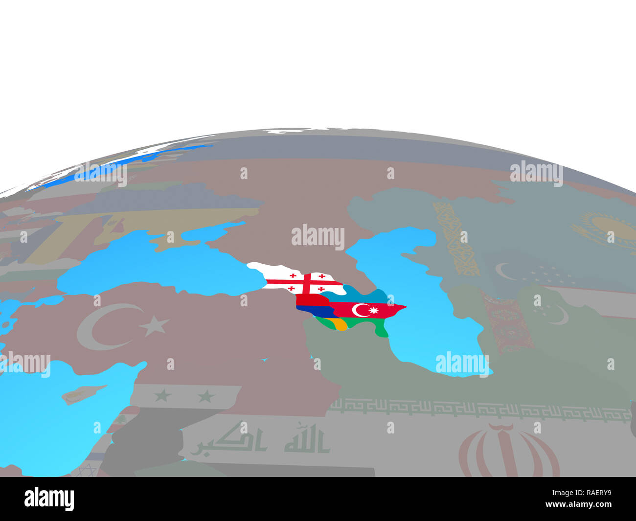 Caucasus region with national flags on political globe. 3D illustration ...