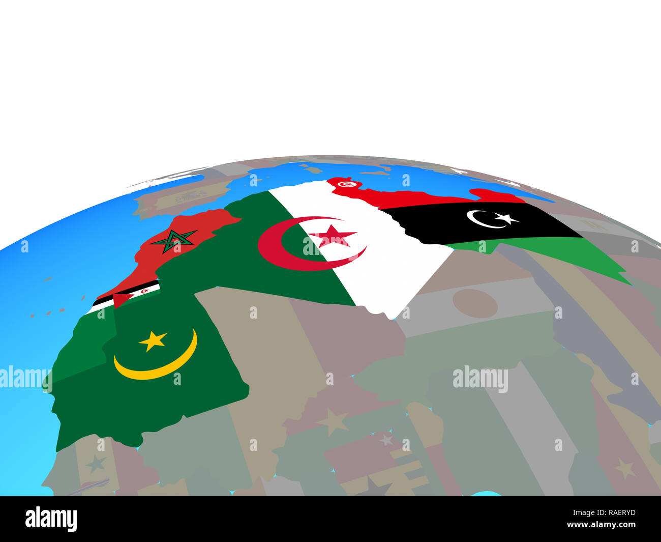 Maghreb region with national flags on political globe. 3D illustration ...